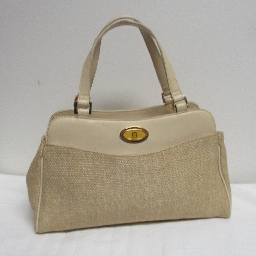 Etienne Aigner Woven Jute Satchel Neutral Cream Beige… - Gem